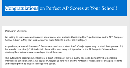 Concordia Celebrates Student’s Rare “Perfect” Score on AP Exam
